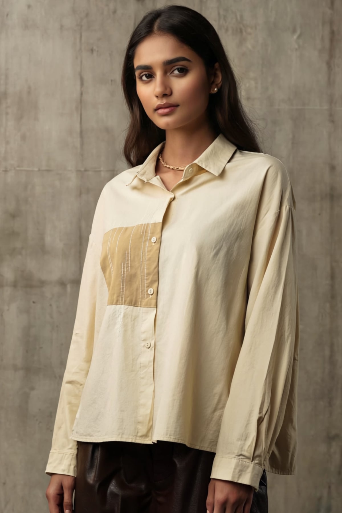 Cashew Cream Oversized Shirt | Casual Wear Patch Shirt – Nolabels