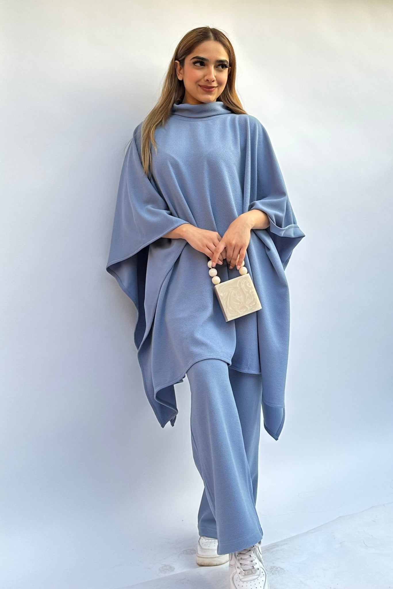 Pale Blue Poncho Coord Set | Oversized Knitted Co-ord - Nolabels