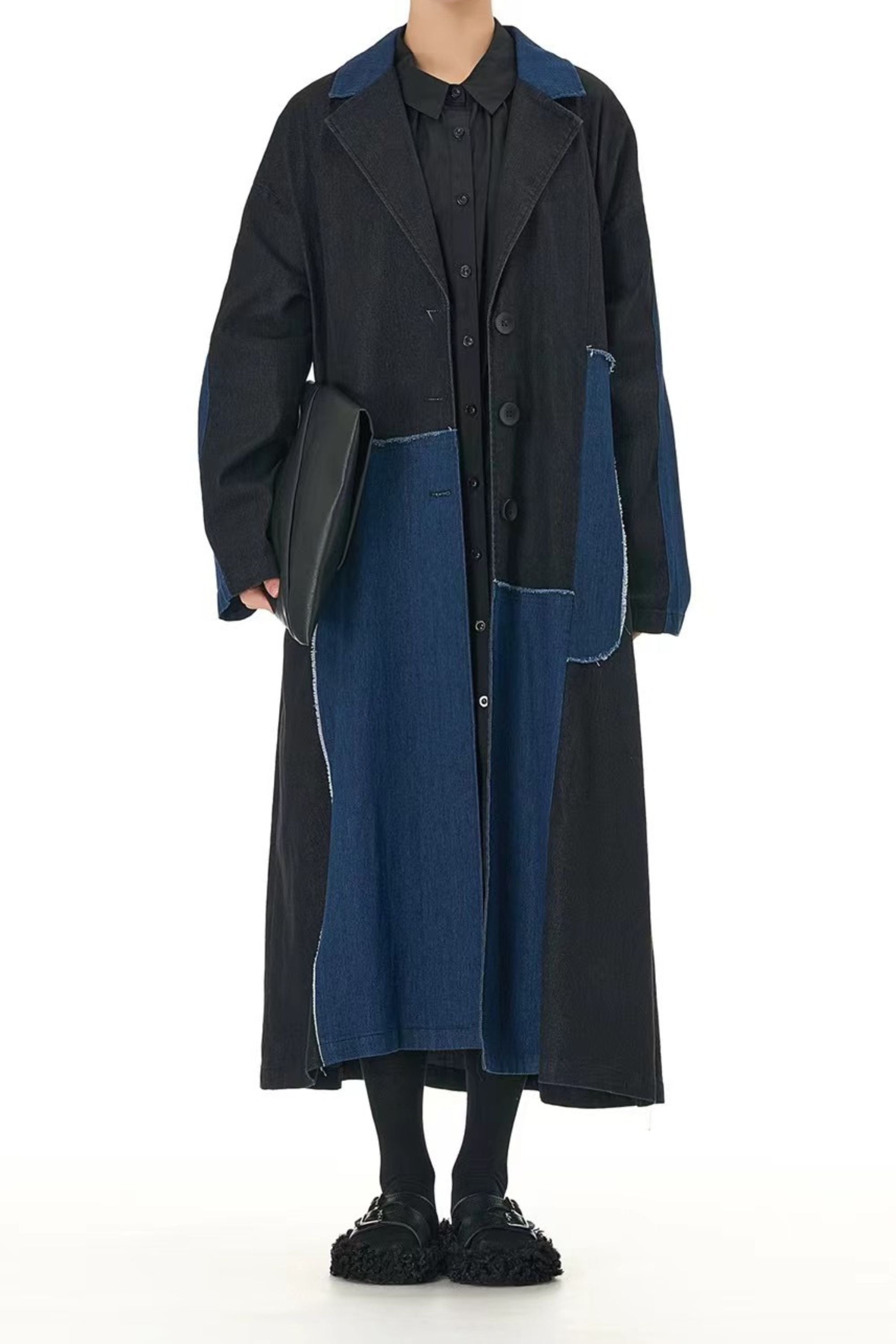 Shop Denim Long Trench Coat | Oversized Patchwork Long Coat - Nolabels