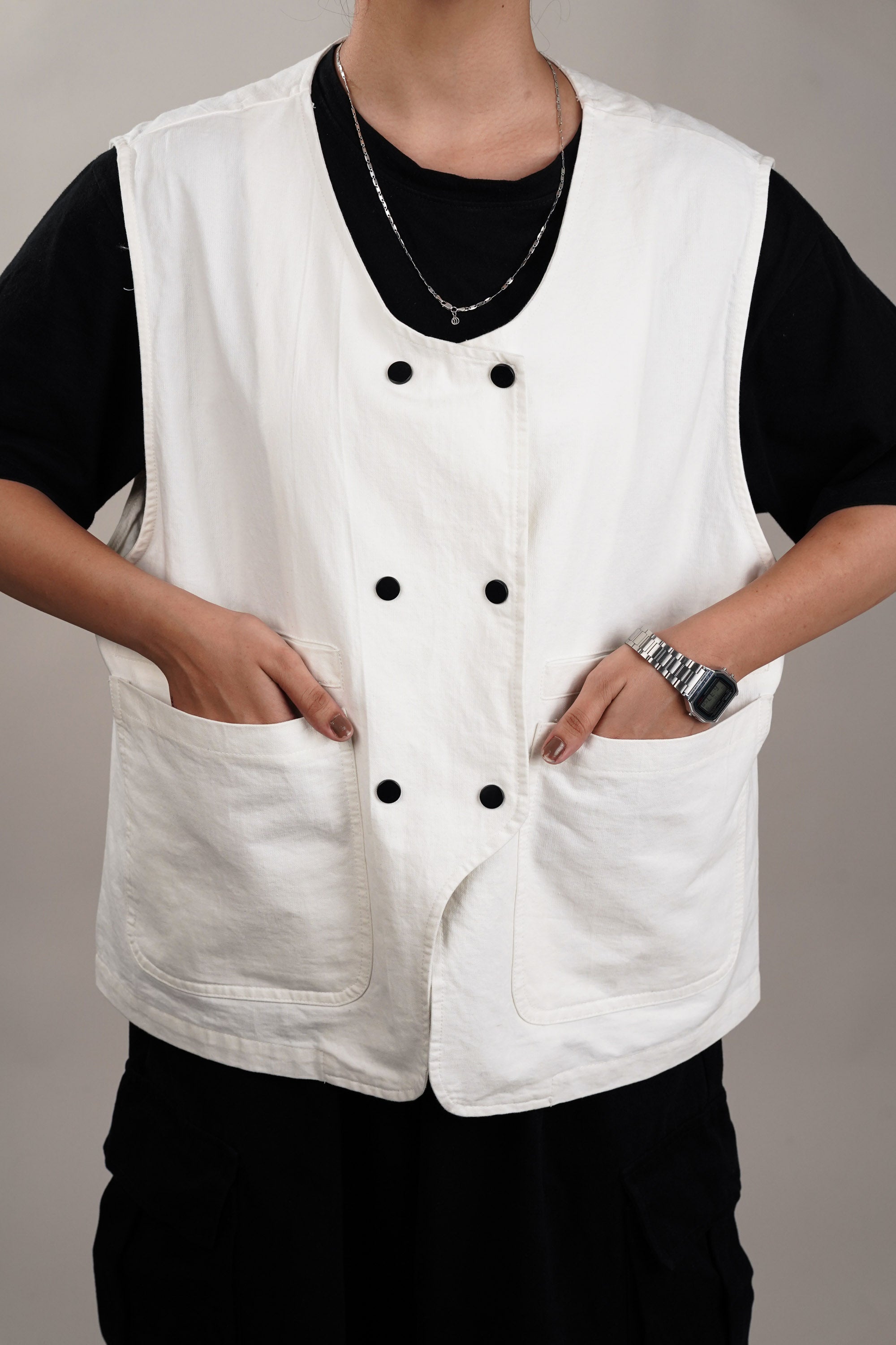 Crisp White Double-Breasted Vest | Oversized Women Streetwear - Nolabels.in