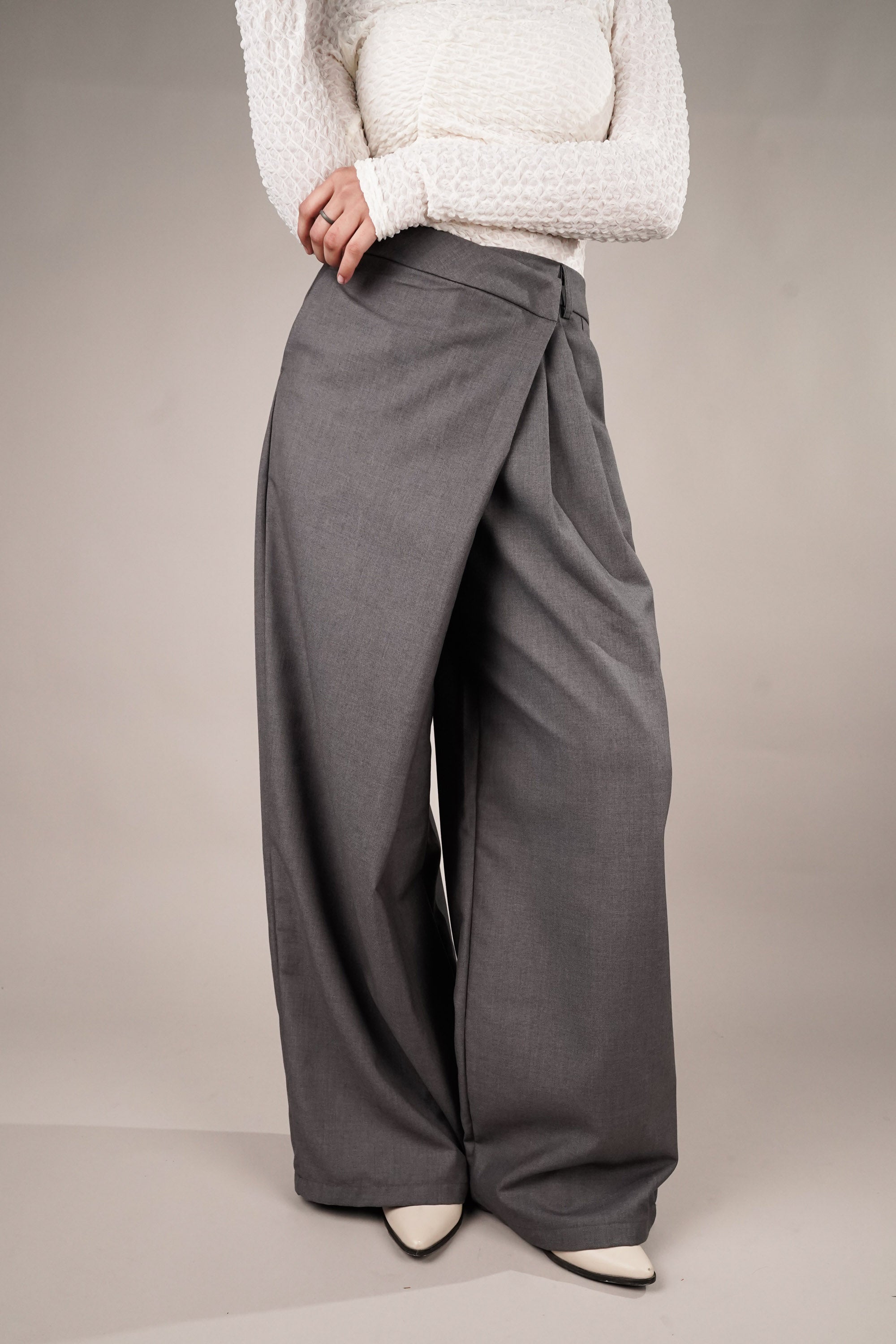Draped Grey Asymmetrical Pants - Nolabels.in