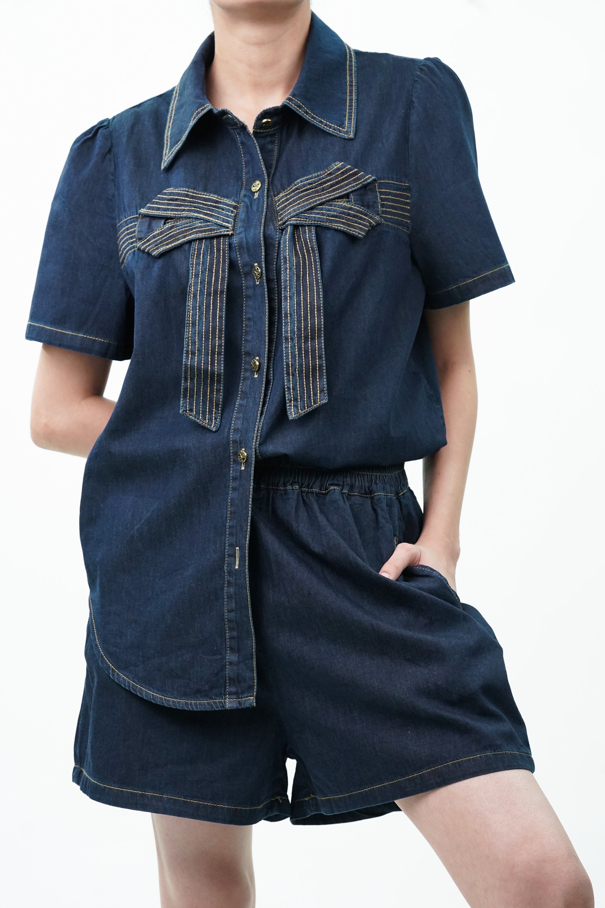 Cotton Denim Bow Coord Set - Women Streetwear - Nolabels