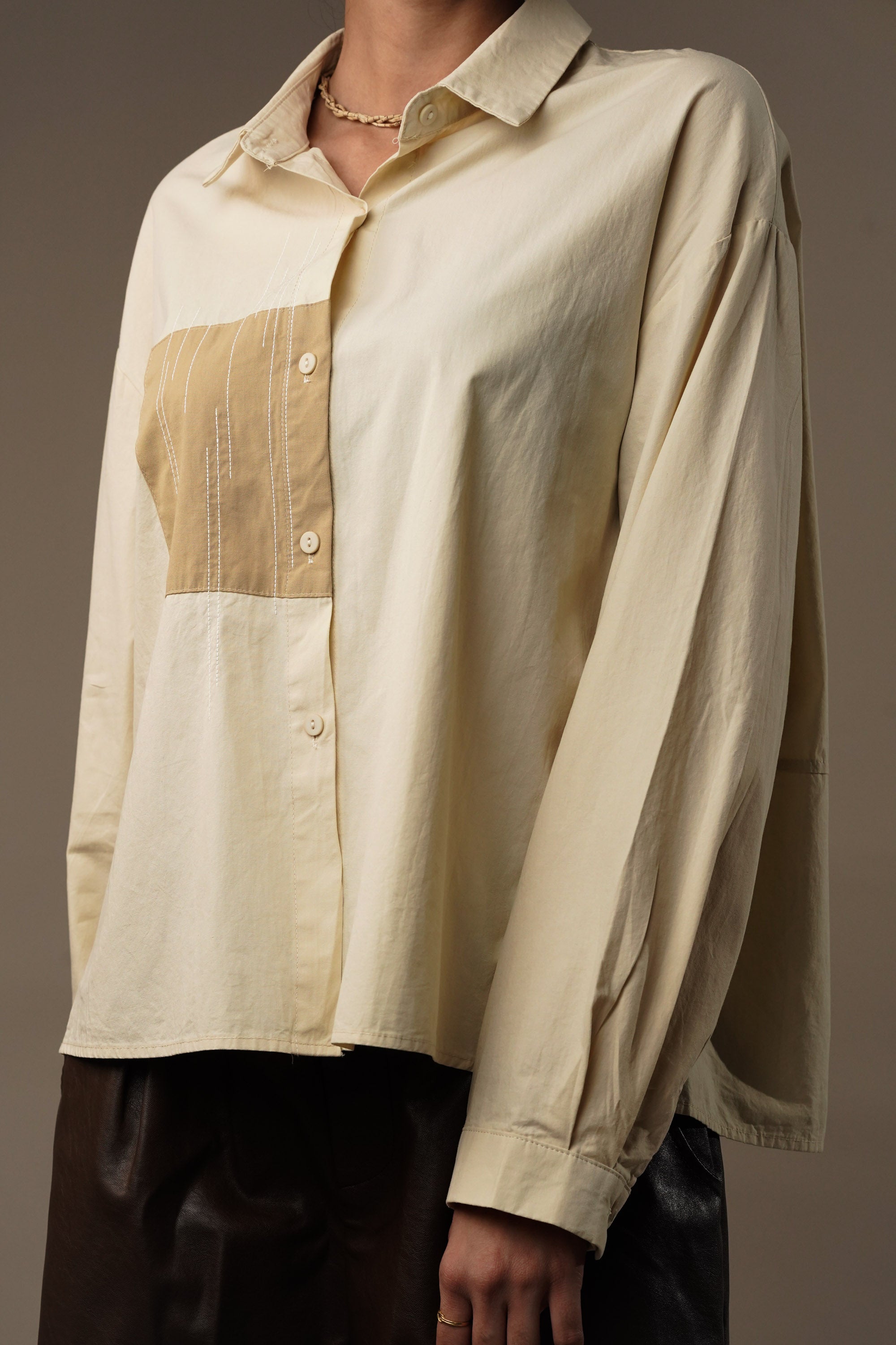Cashew Cream Oversized Shirt | Casual Wear Patch Shirt - Nolabels