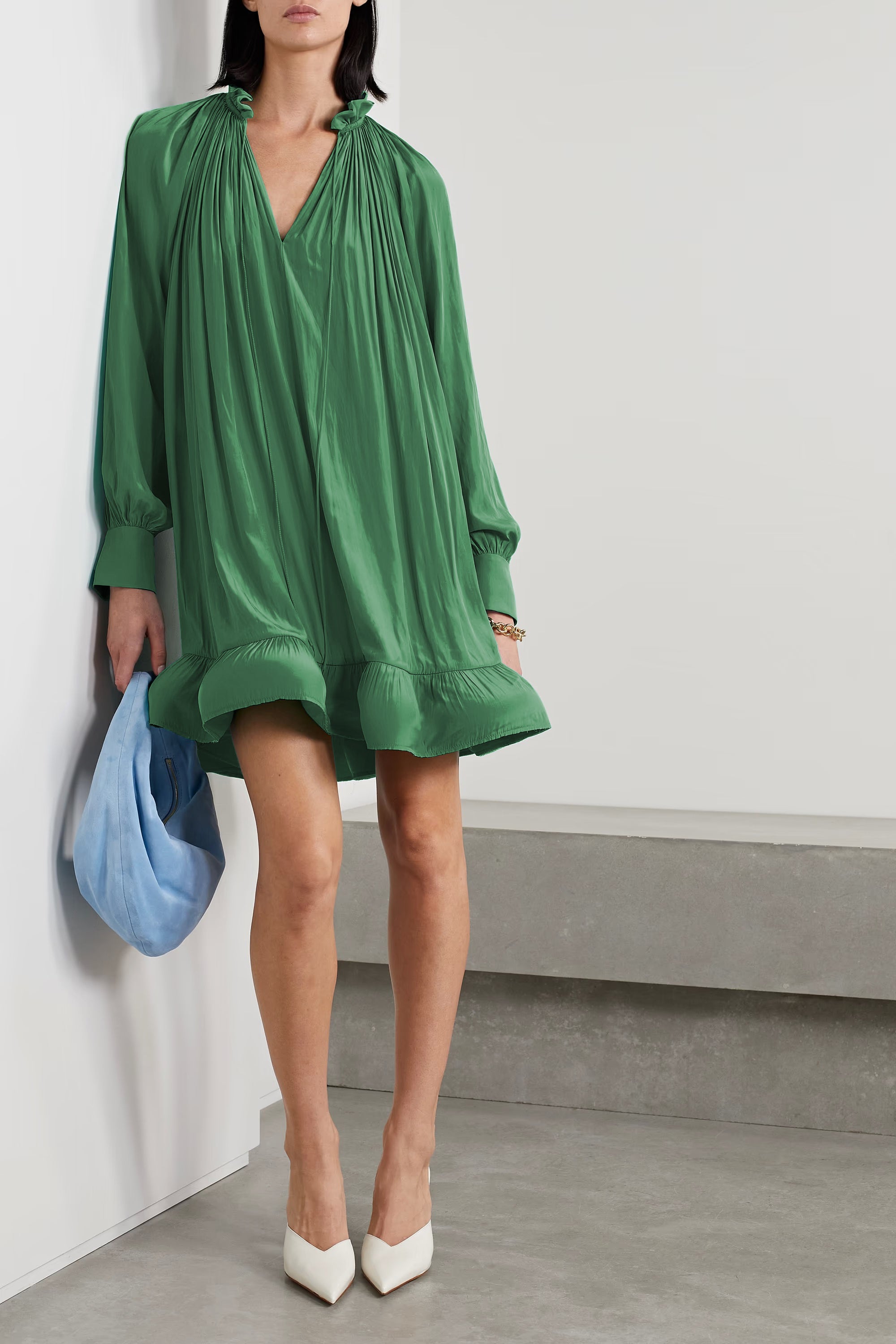 Sea Green Fern Ruffle Collared Tunic Dress for women - Nolabels