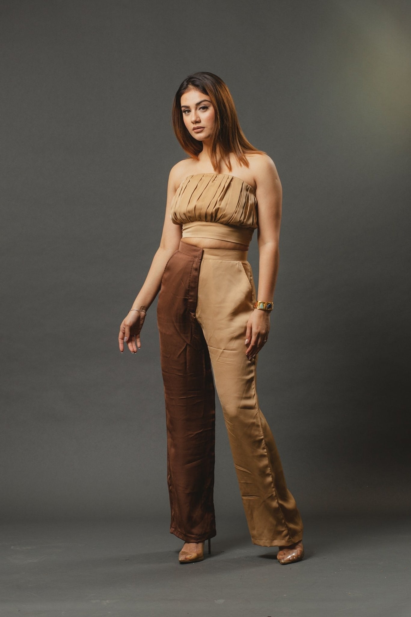 Two Tone Satin Coord Set In Brown & Beige - Nolabels