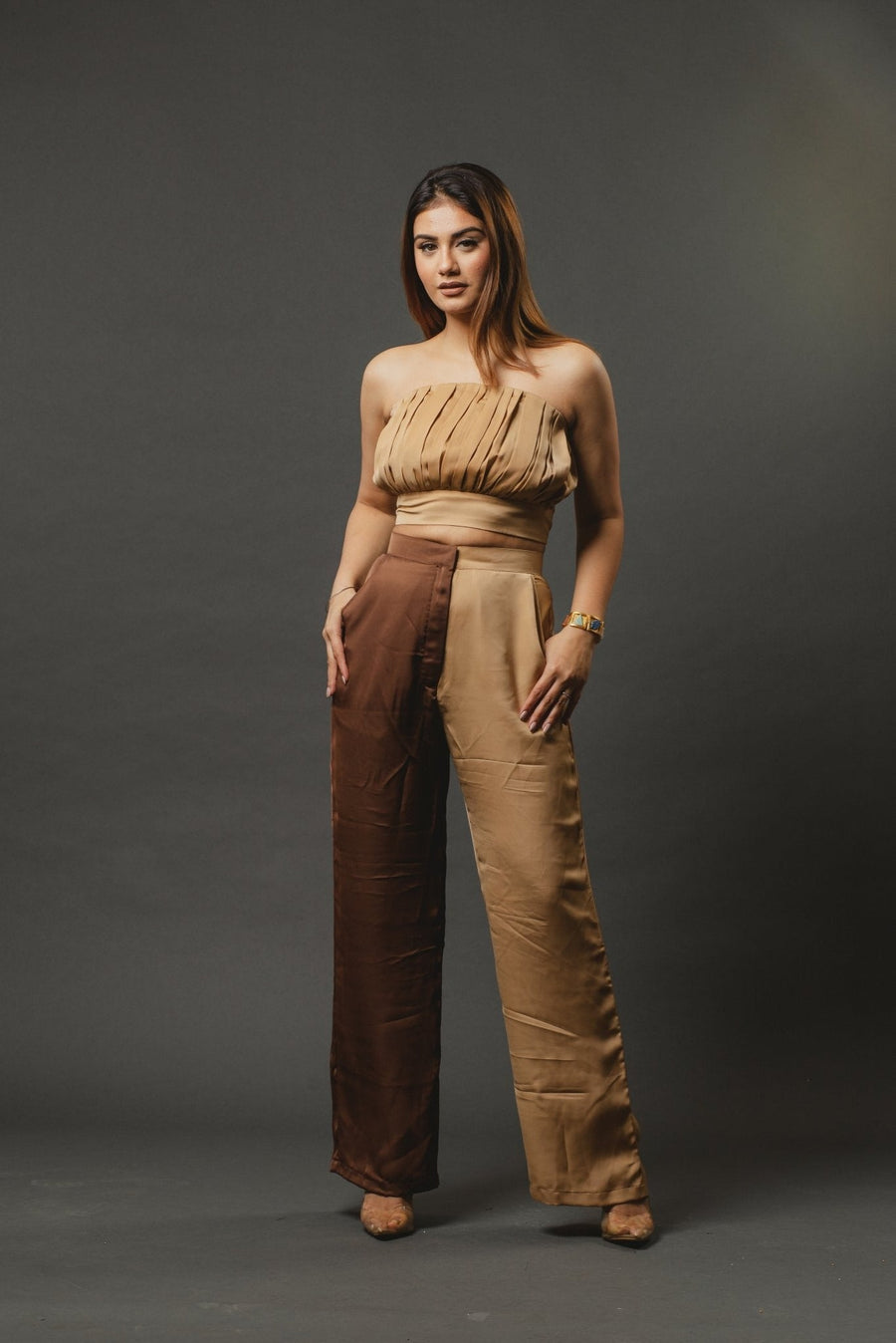 Two Tone Satin Coord Set In Brown & Beige - Nolabels.in